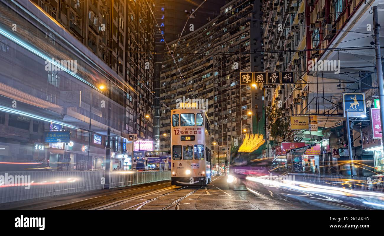 The famous Hong Kong Trams and densely populated residential old ...