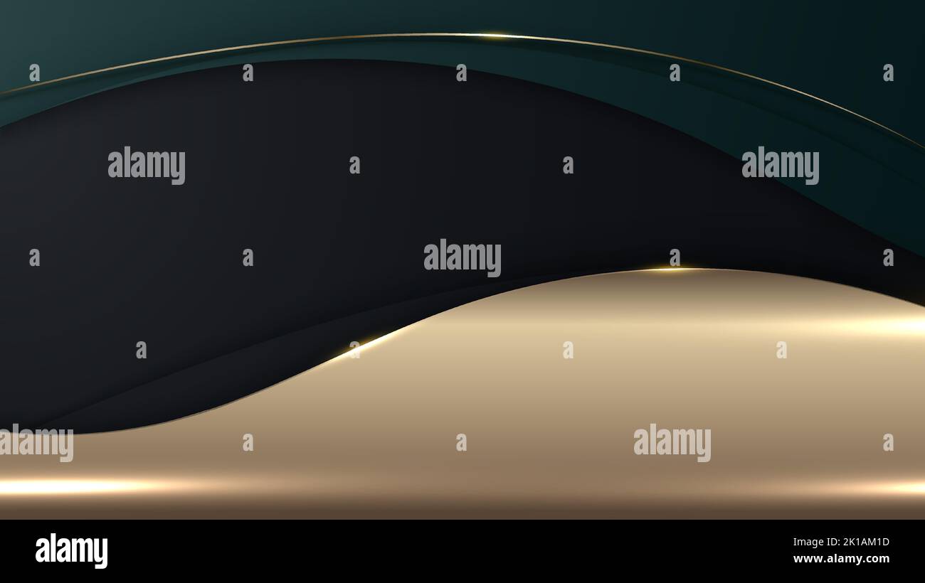 Abstract 3D luxury green color wave lines with shiny golden curved line ...