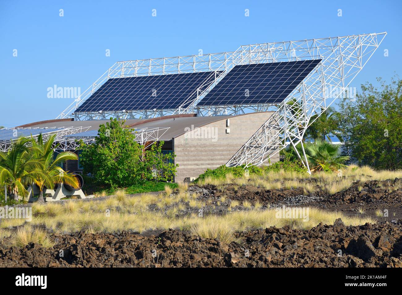 Solar panels in the scenic landscape along the coastline, Big Island HI ...