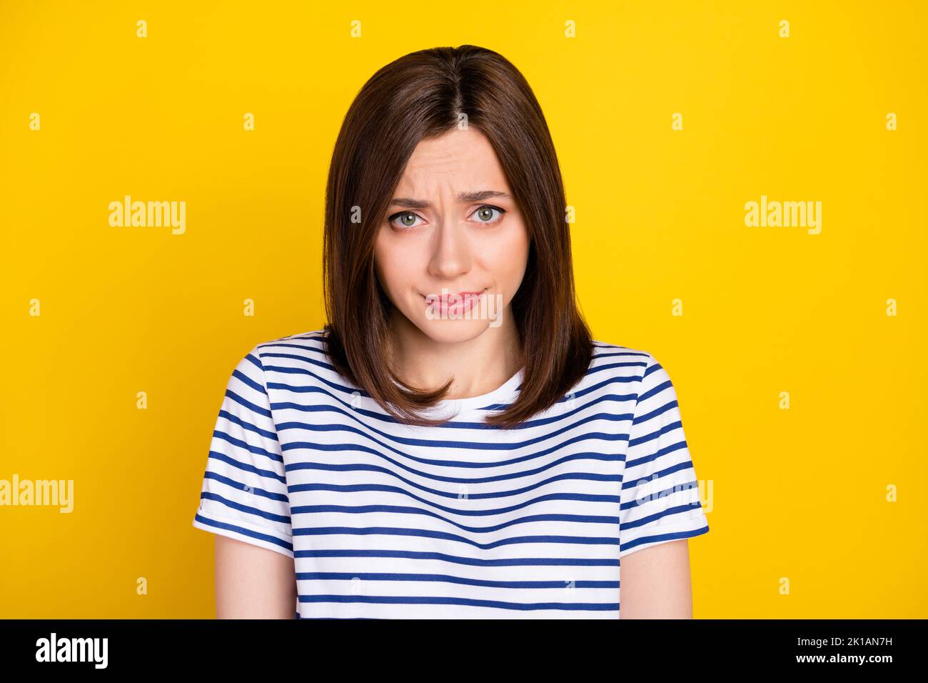 Photo of stressed gorgeous adorable woman with bob hairstyle wear ...