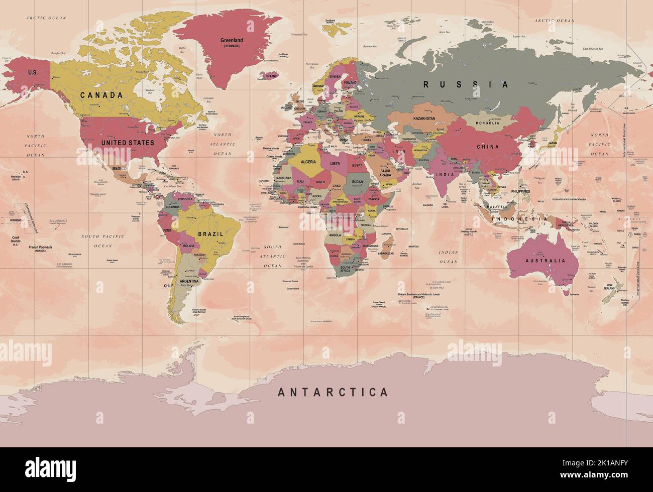 Vector detailed political world map Miller projection Stock Vector ...