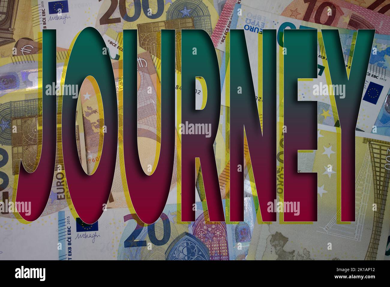 Journey word with money. Paper currency background with different ...