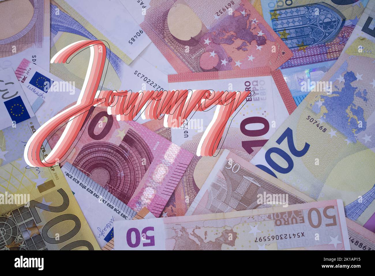 Journey word with money. Paper currency background with different ...