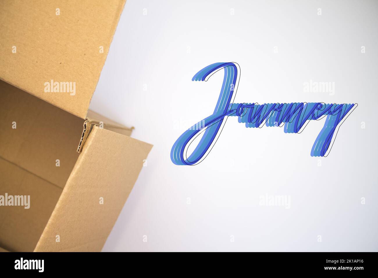 Journey word with cardboard box. Brown folded card box Stock Photo - Alamy