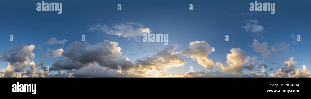 Dark blue evening sky panorama with Cumulus clouds. Seamless hdr pano ...