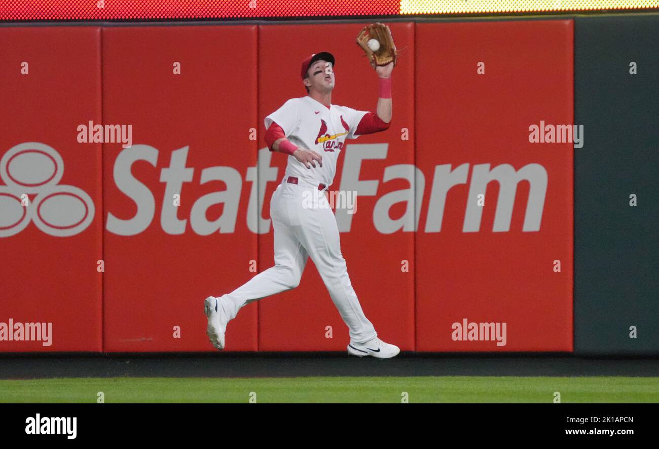 St. Louis Cardinals right fielder Lars Nootbaar makes a running catch ...