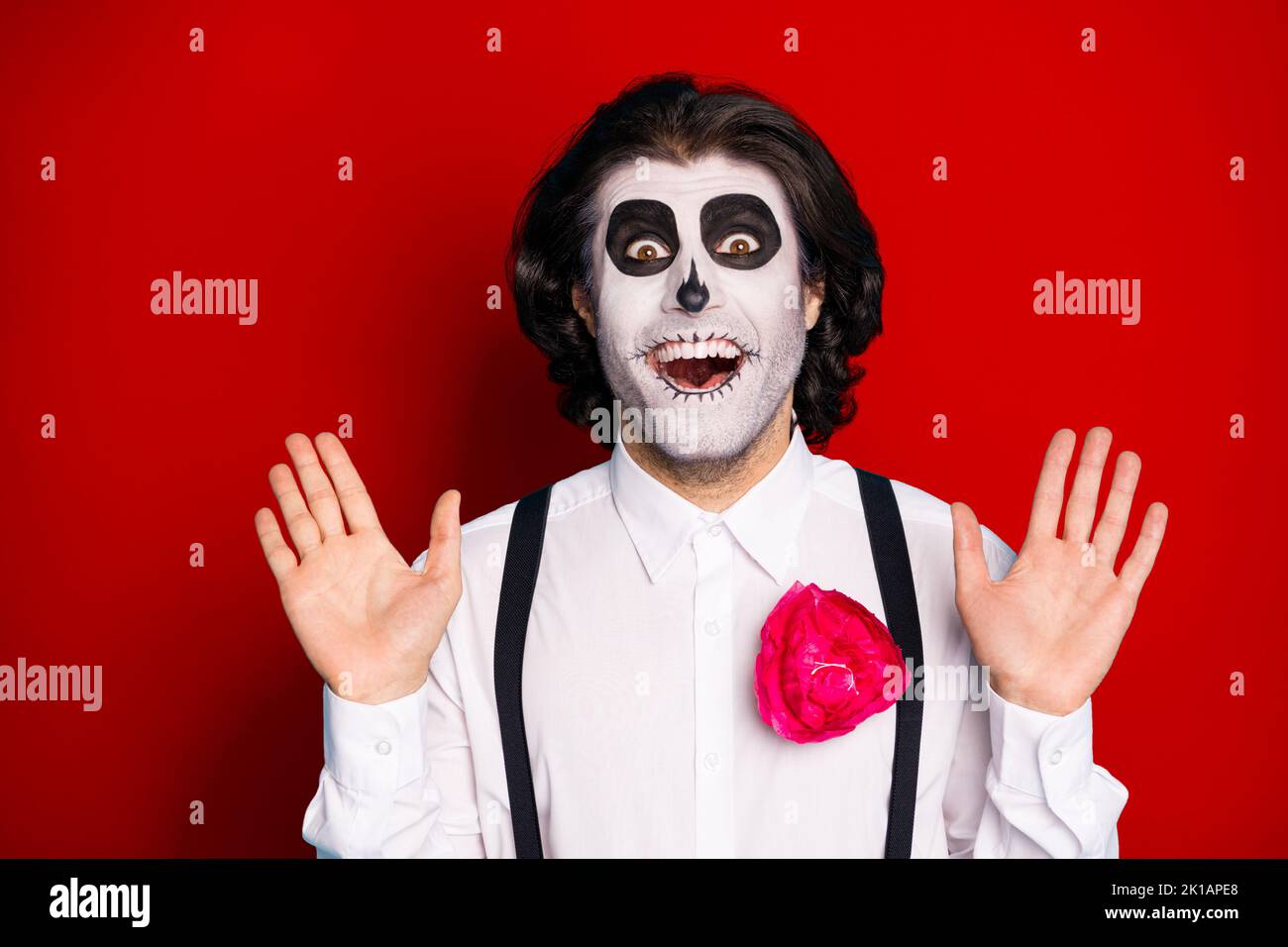 Close-up portrait of his he nice handsome cheerful creepy guy wear ...