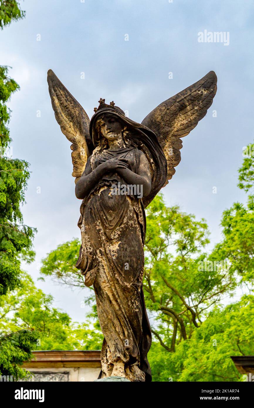 Ancient stone statue of Angel in Vyšehrad Cemetery - Slavín, Prague ...