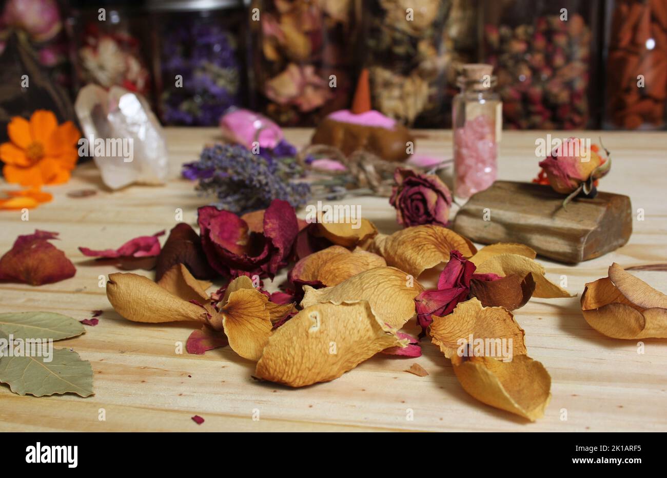 Dried Rose Petals and Dried Lavender With Crystals and Petrified Wood ...
