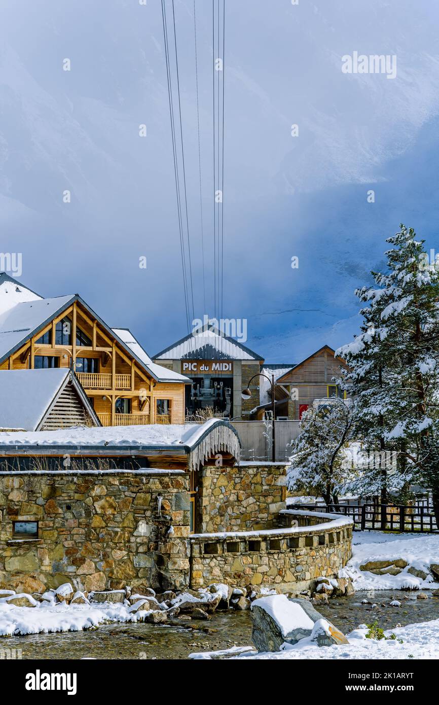 An aerial view of buildings covered by snow in Pyrenees Stock Photo - Alamy