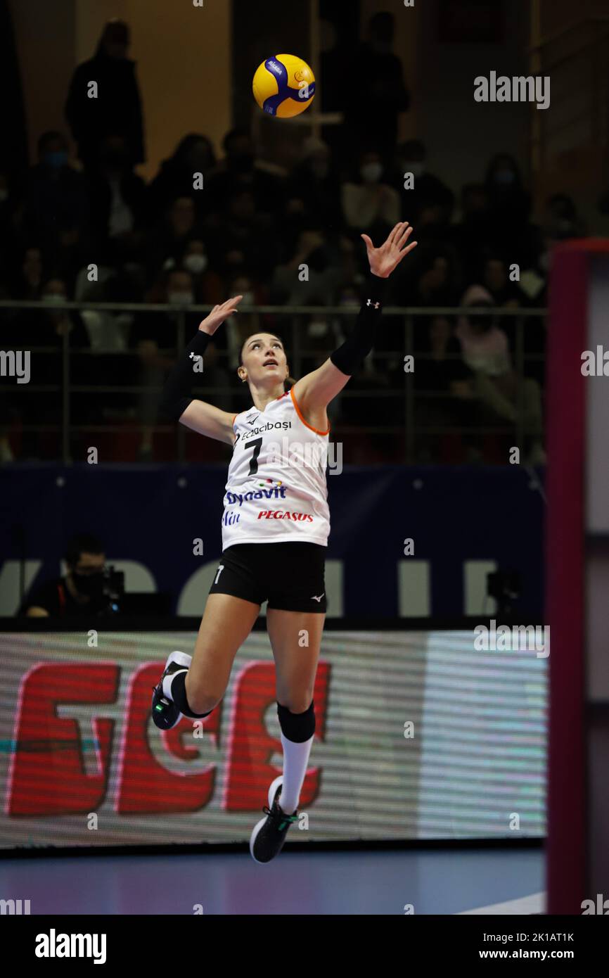ISTANBUL, TURKEY - JANUARY 30, 2022: Hande Baladin serves during Turk ...