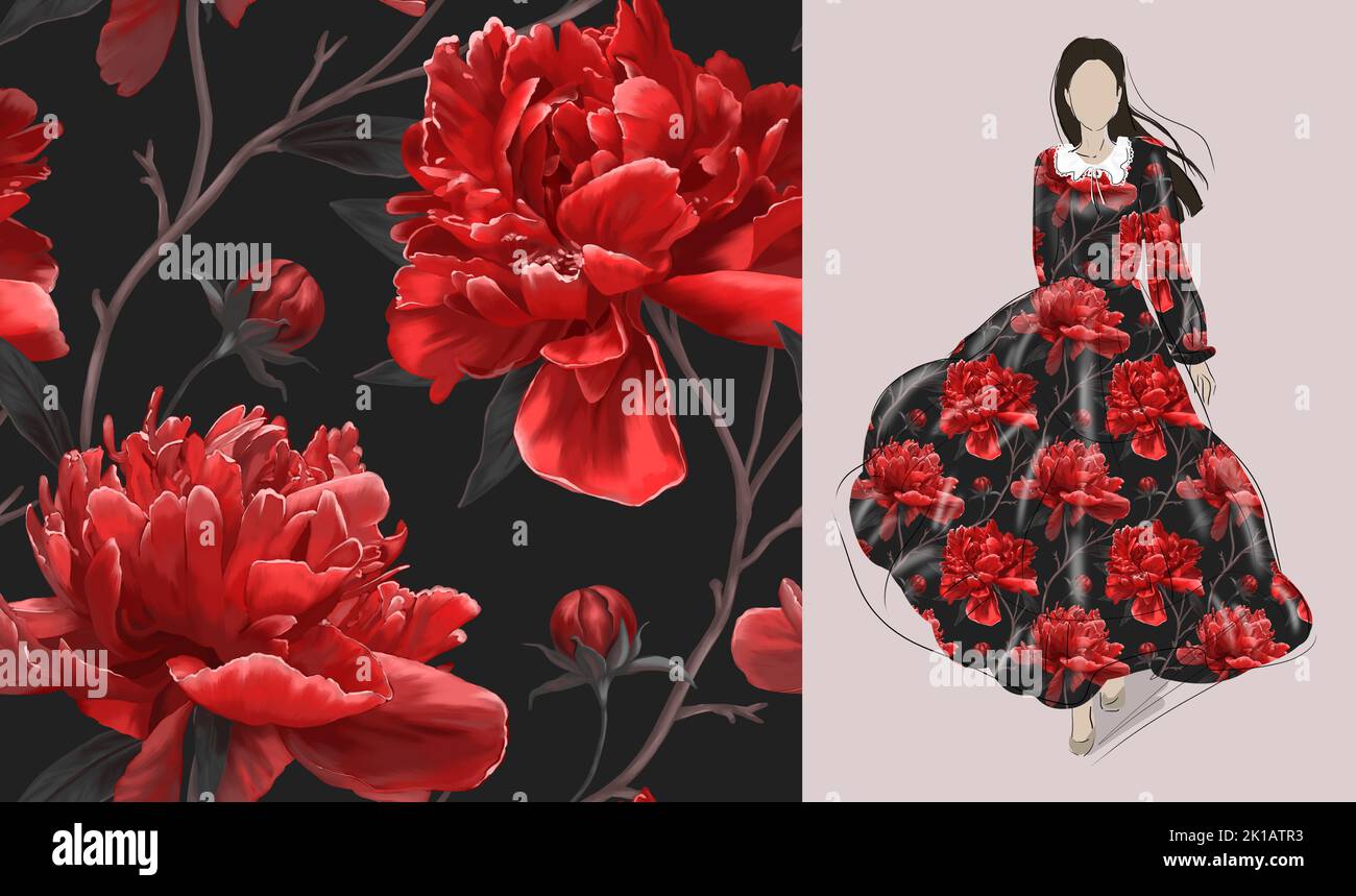 Fashionable floral pattern. Red peonies, leaves, buds, petals. Dark ...