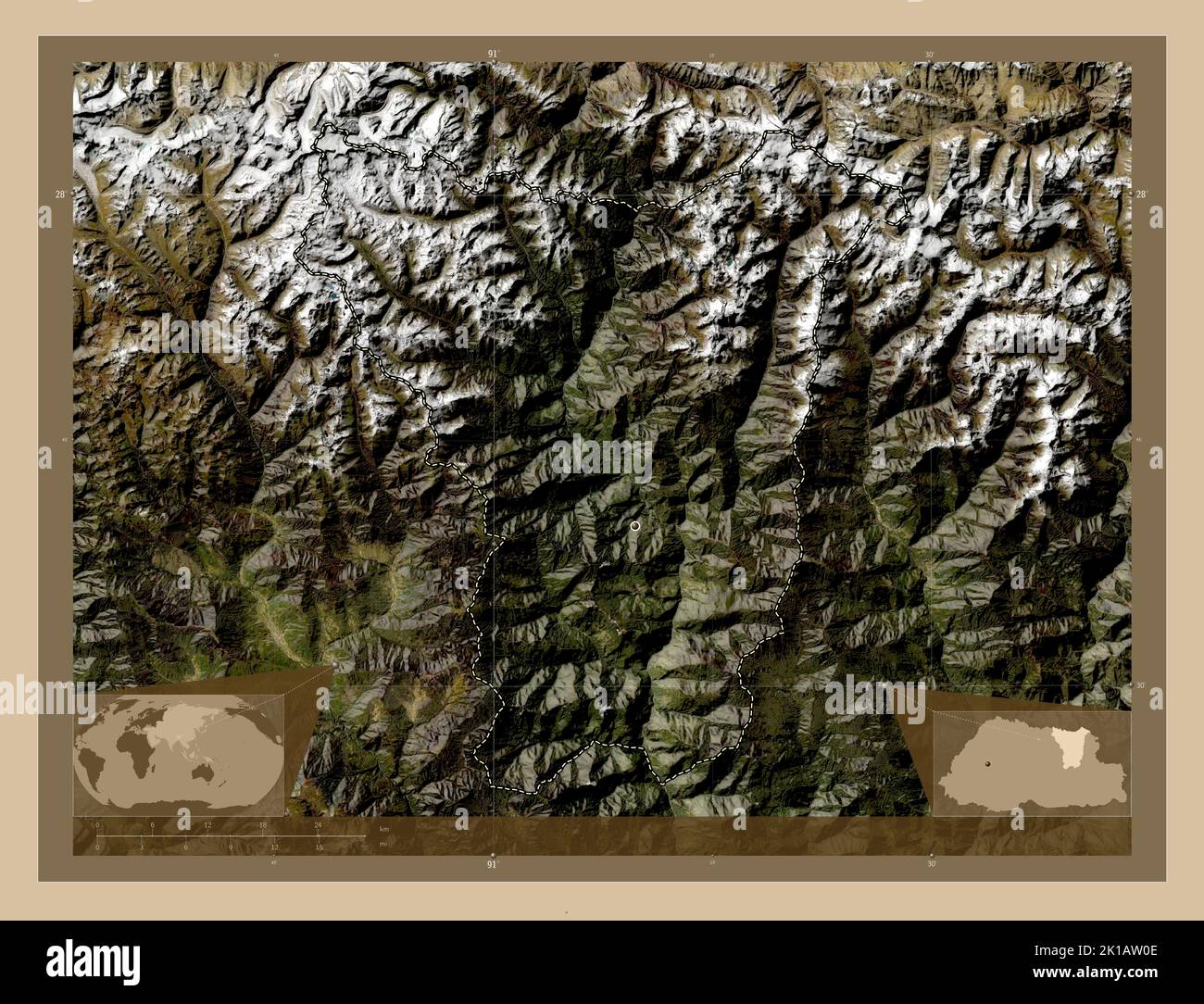 Lhuentse, district of Bhutan. Low resolution satellite map. Corner ...