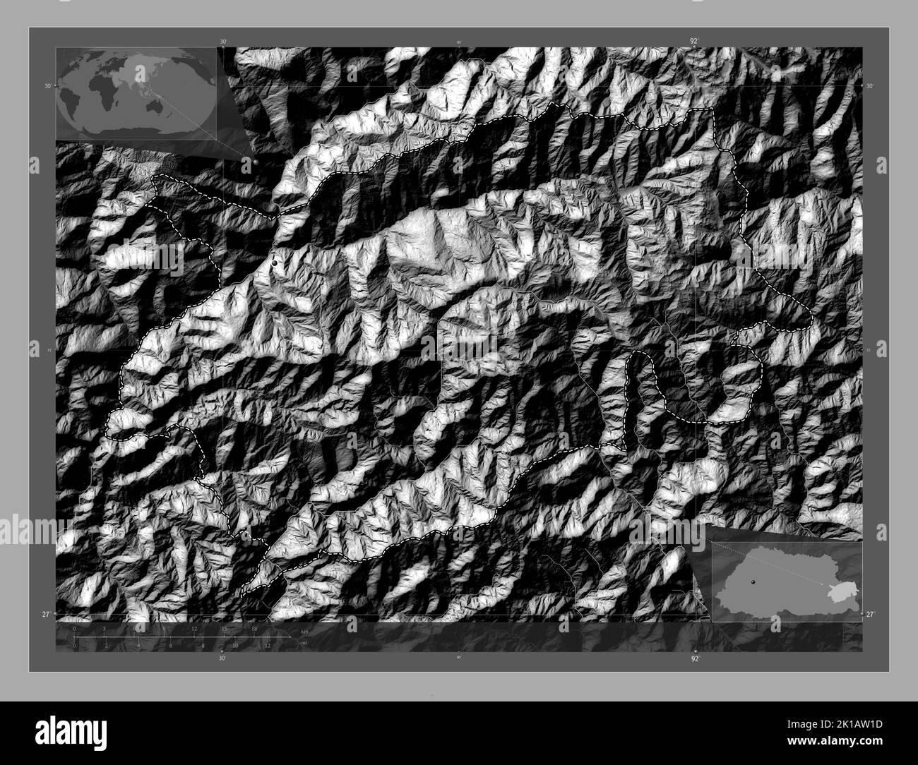 Trashigang, district of Bhutan. Bilevel elevation map with lakes and ...
