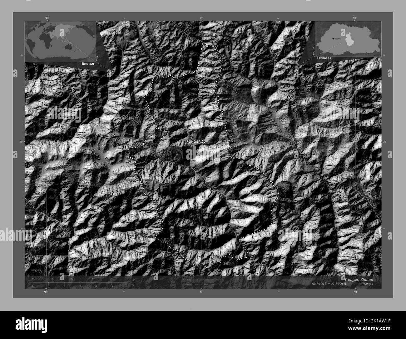 Trongsa, district of Bhutan. Bilevel elevation map with lakes and ...
