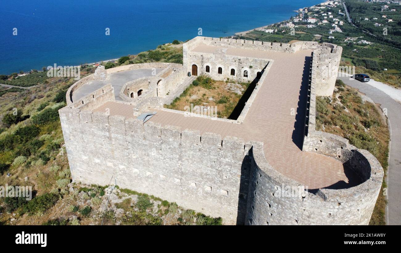 An aerial shot of the Turkish medieval fortress at Ancient Aptera in ...