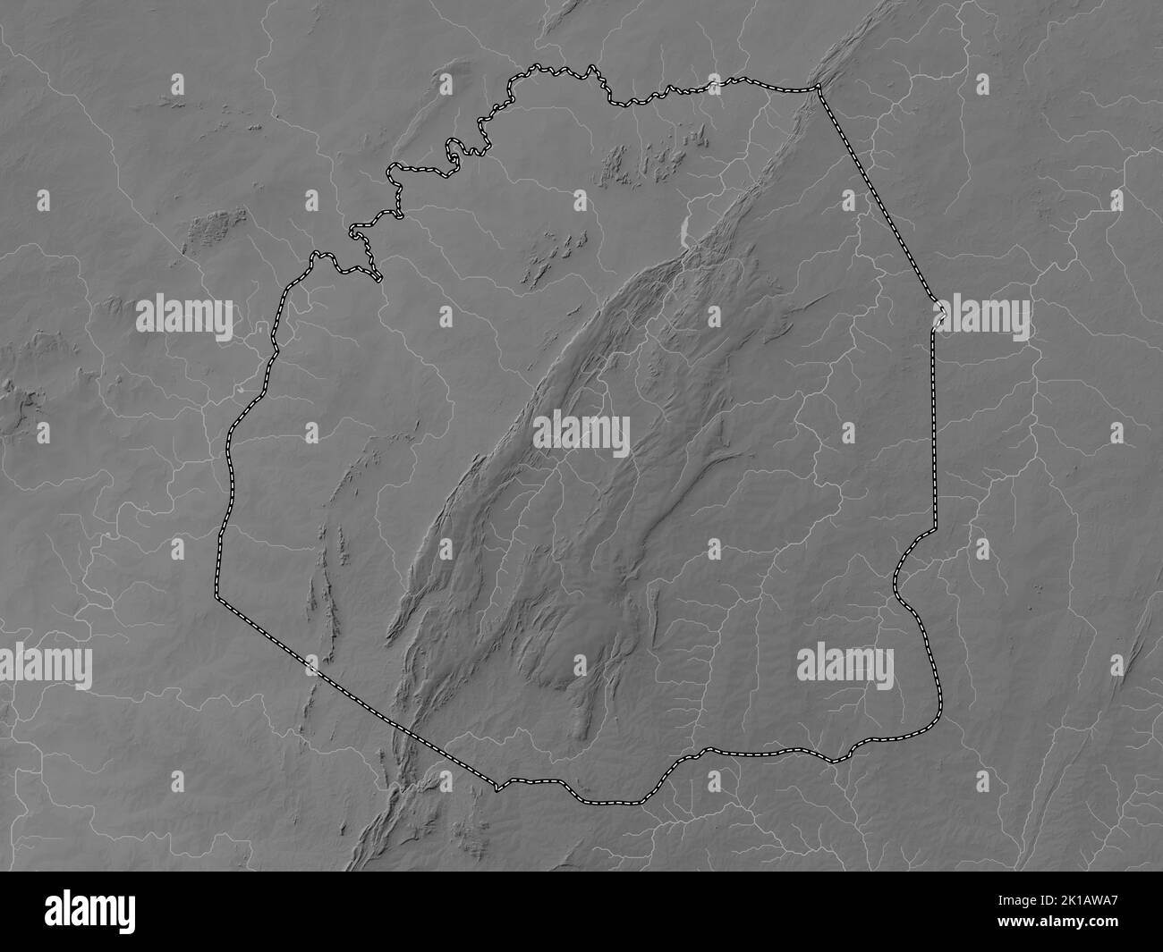 Atakora, department of Benin. Grayscale elevation map with lakes and ...