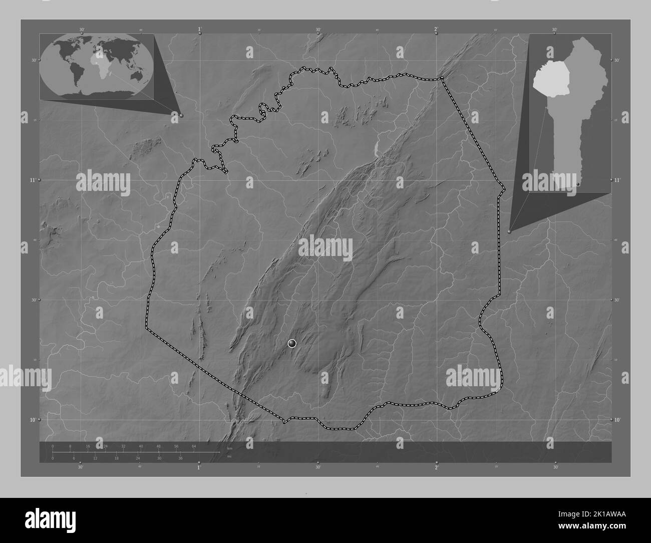 Atakora, department of Benin. Grayscale elevation map with lakes and ...