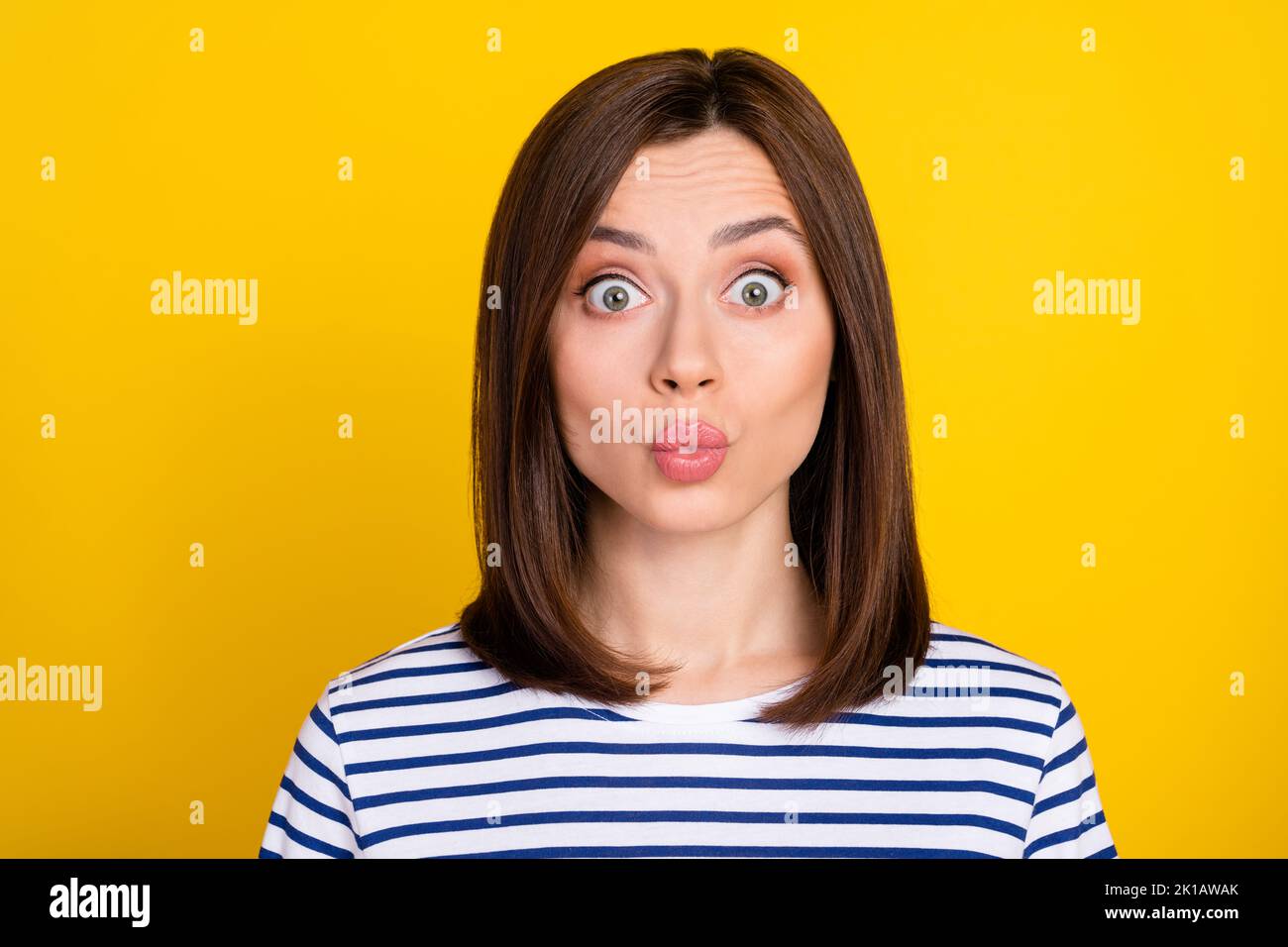 Photo of nice cute adorable girl with bob hairdo dressed striped t ...