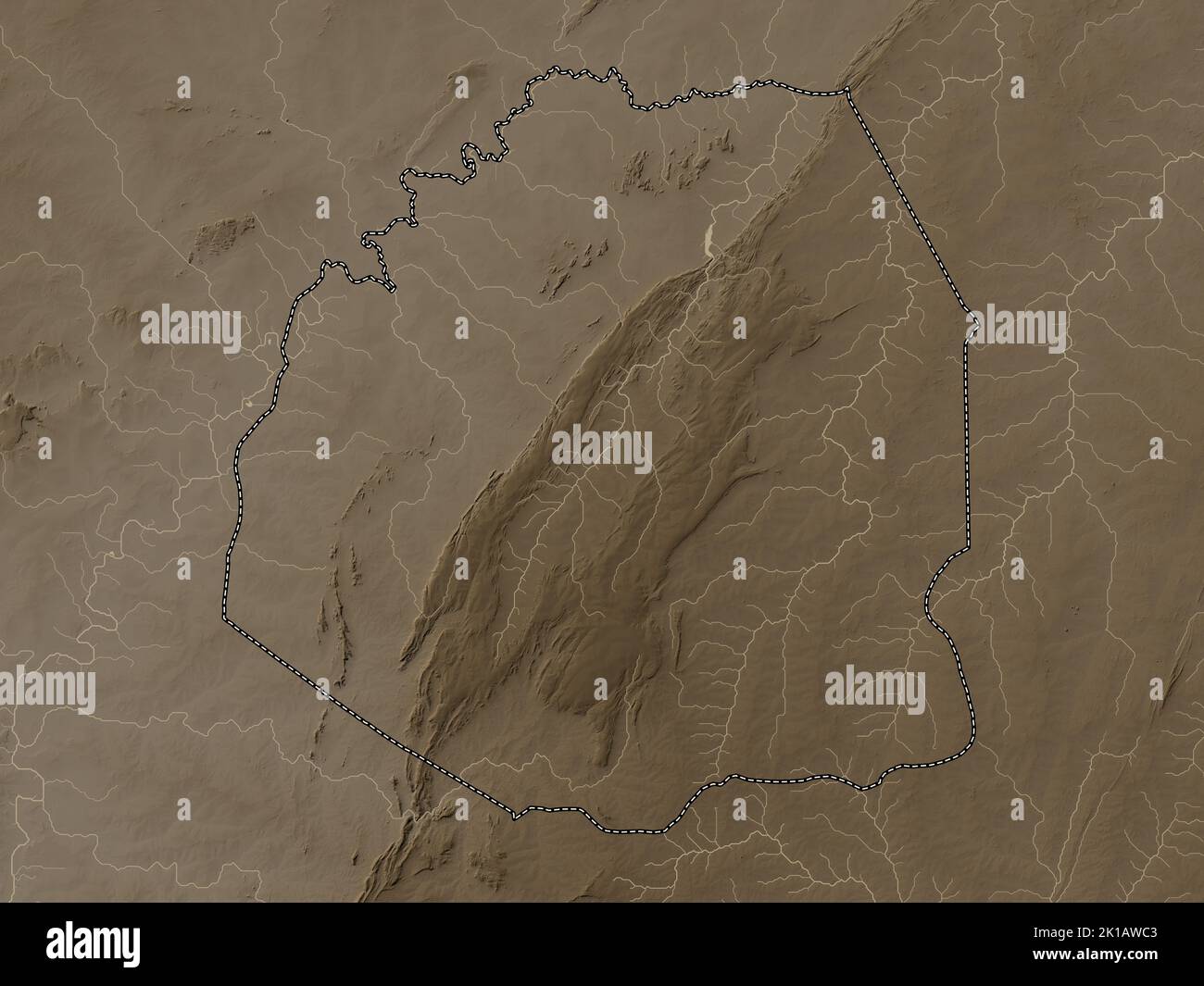 Atakora, department of Benin. Elevation map colored in sepia tones with ...