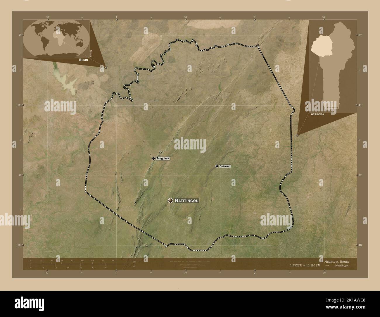 Atakora, department of Benin. Low resolution satellite map. Locations ...