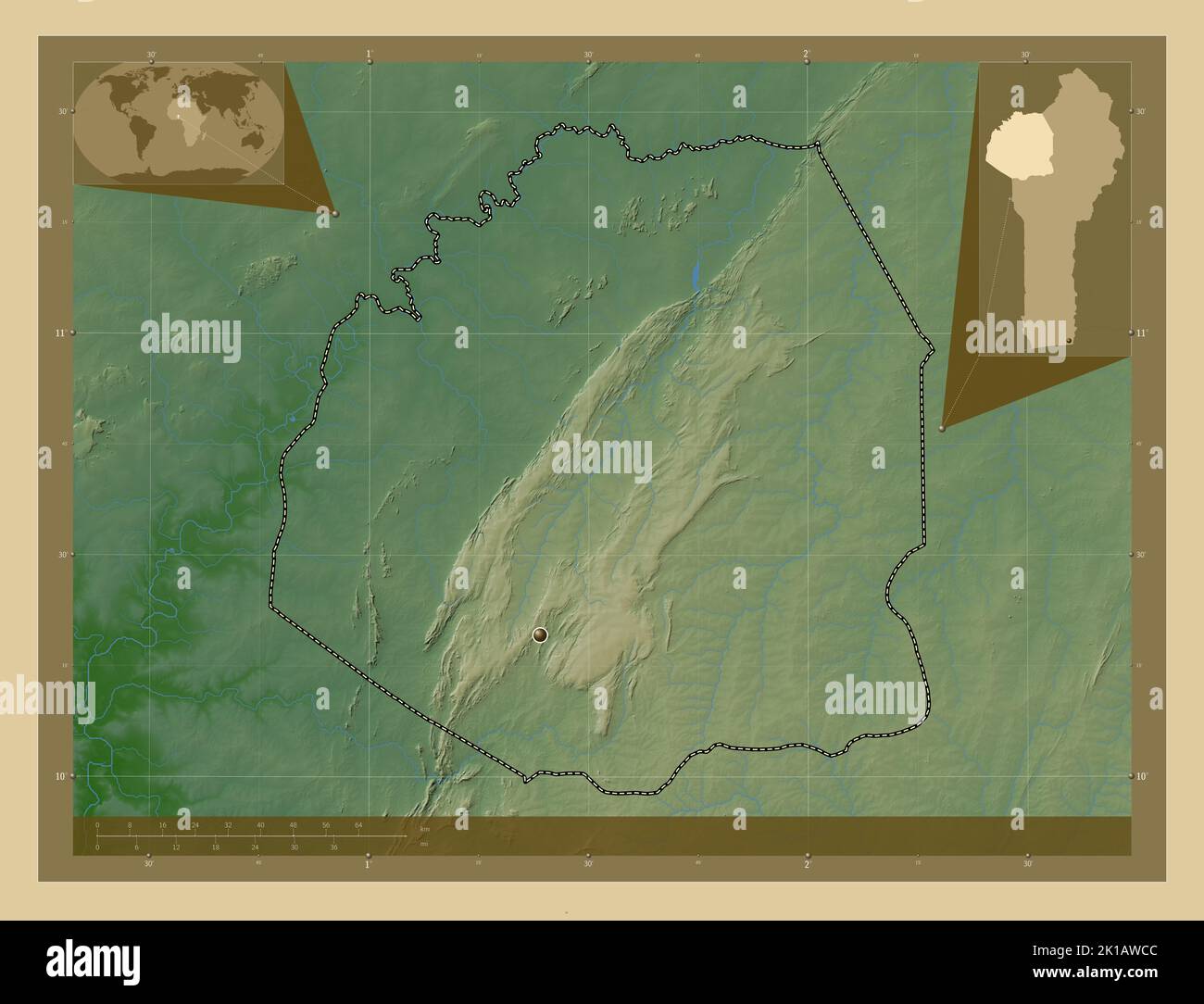 Atakora, department of Benin. Colored elevation map with lakes and ...