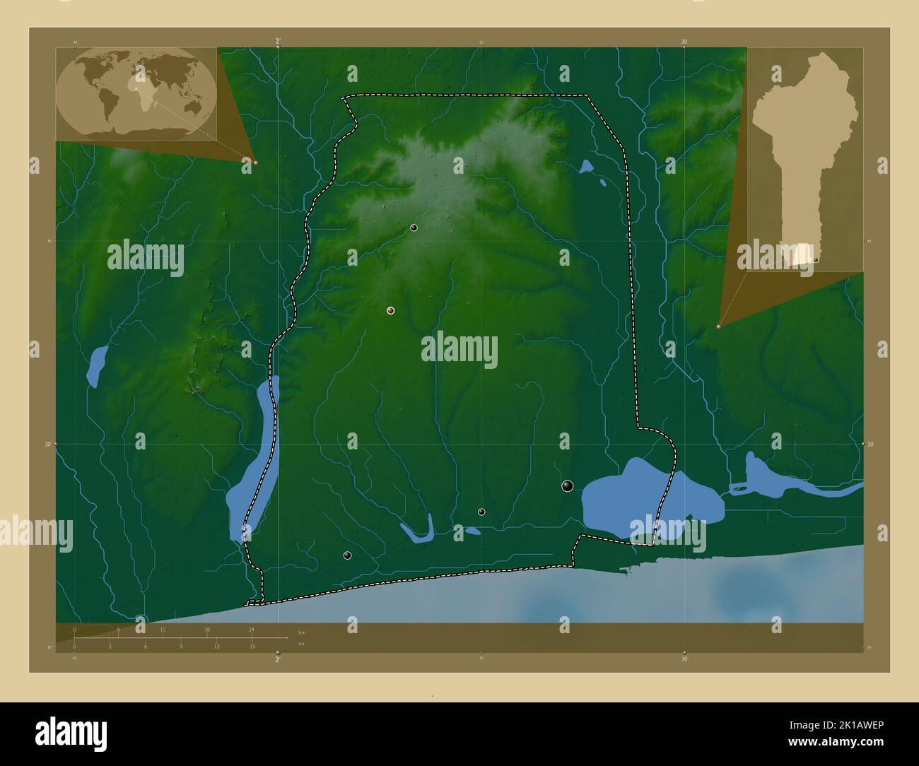 Atlantique, department of Benin. Colored elevation map with lakes and ...