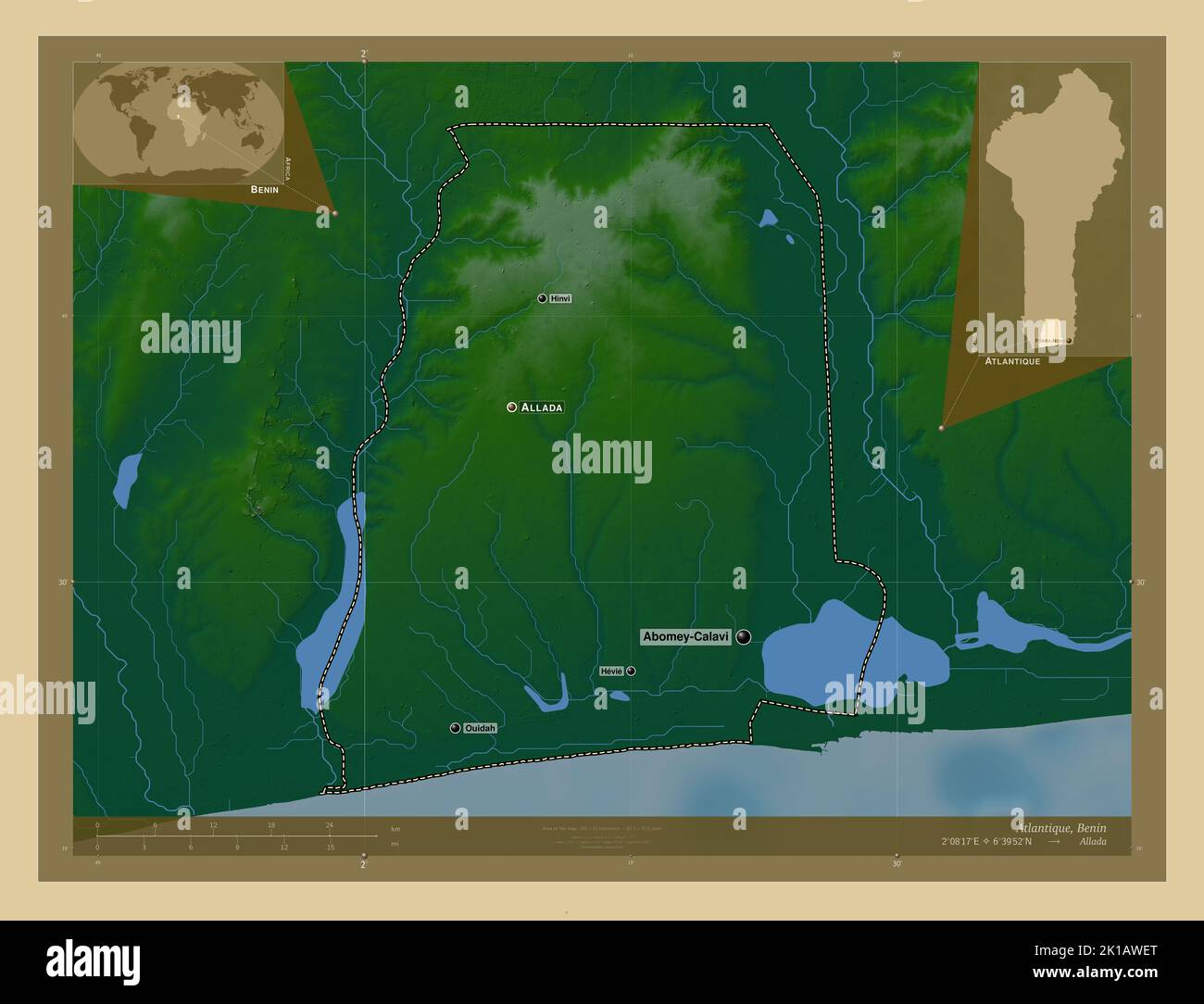 Atlantique, department of Benin. Colored elevation map with lakes and ...