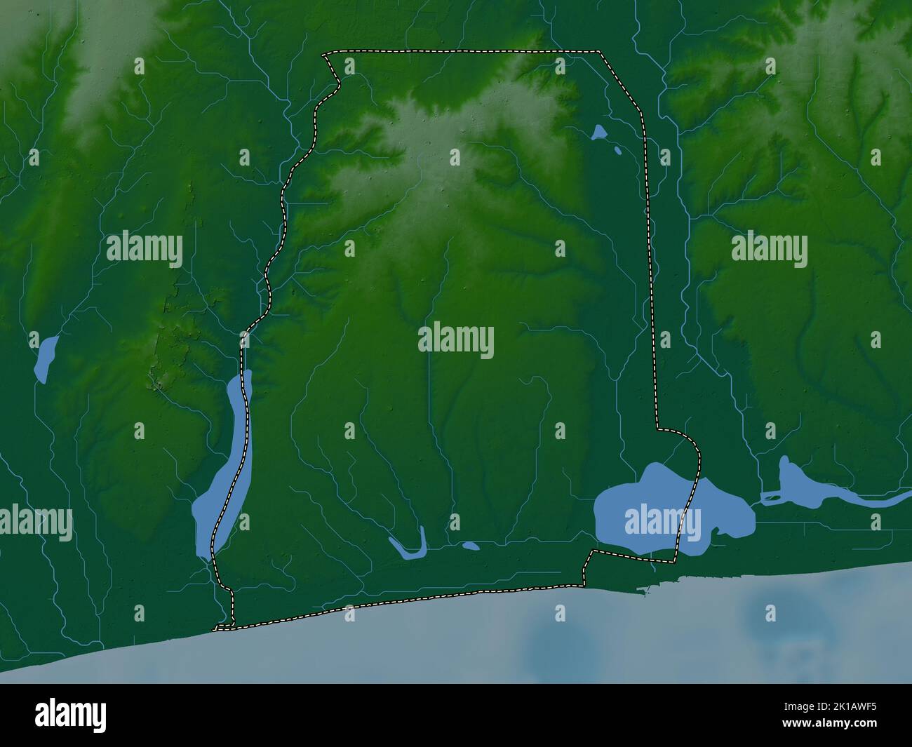 Atlantique, department of Benin. Colored elevation map with lakes and ...