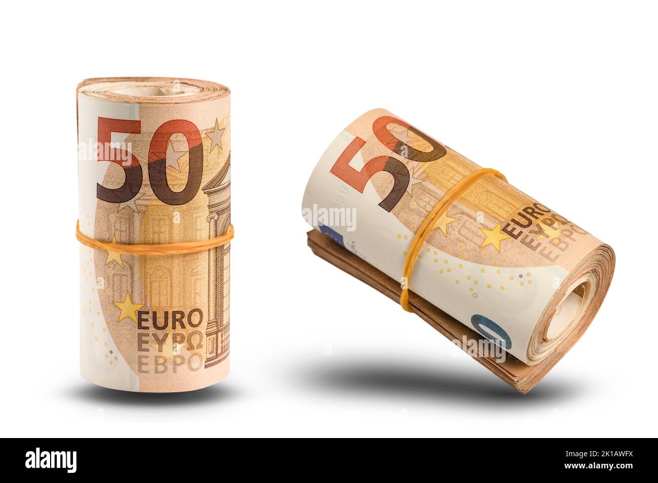 Roll of money isolated on white. A roll of 50 euro banknotes. Euro ...