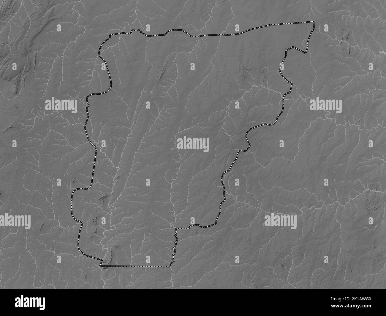 Borgou, department of Benin. Grayscale elevation map with lakes and ...