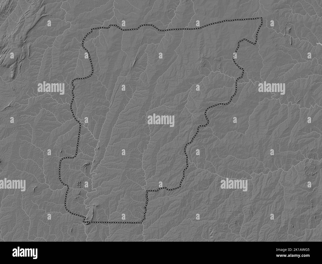Borgou, department of Benin. Bilevel elevation map with lakes and ...