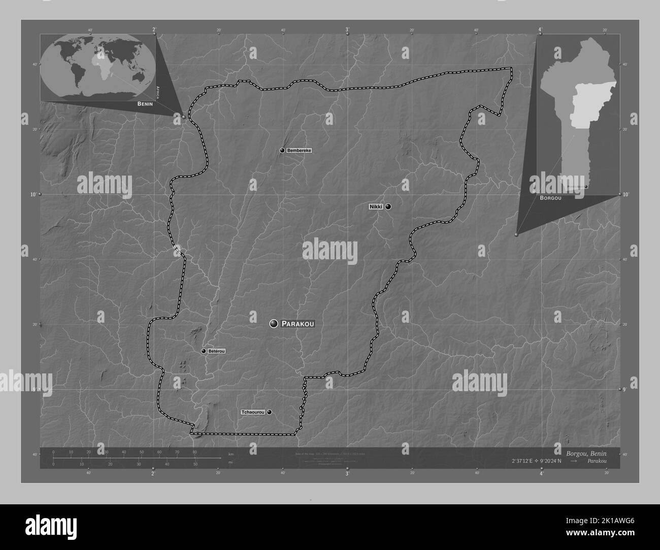 Borgou, department of Benin. Grayscale elevation map with lakes and ...