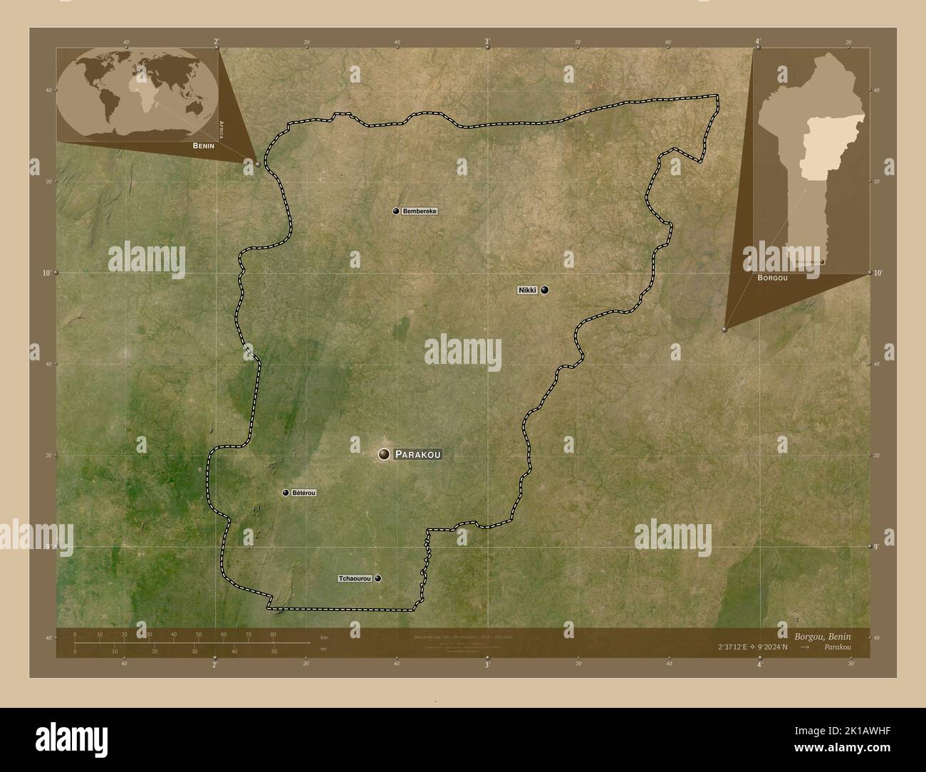 Borgou, department of Benin. Low resolution satellite map. Locations ...