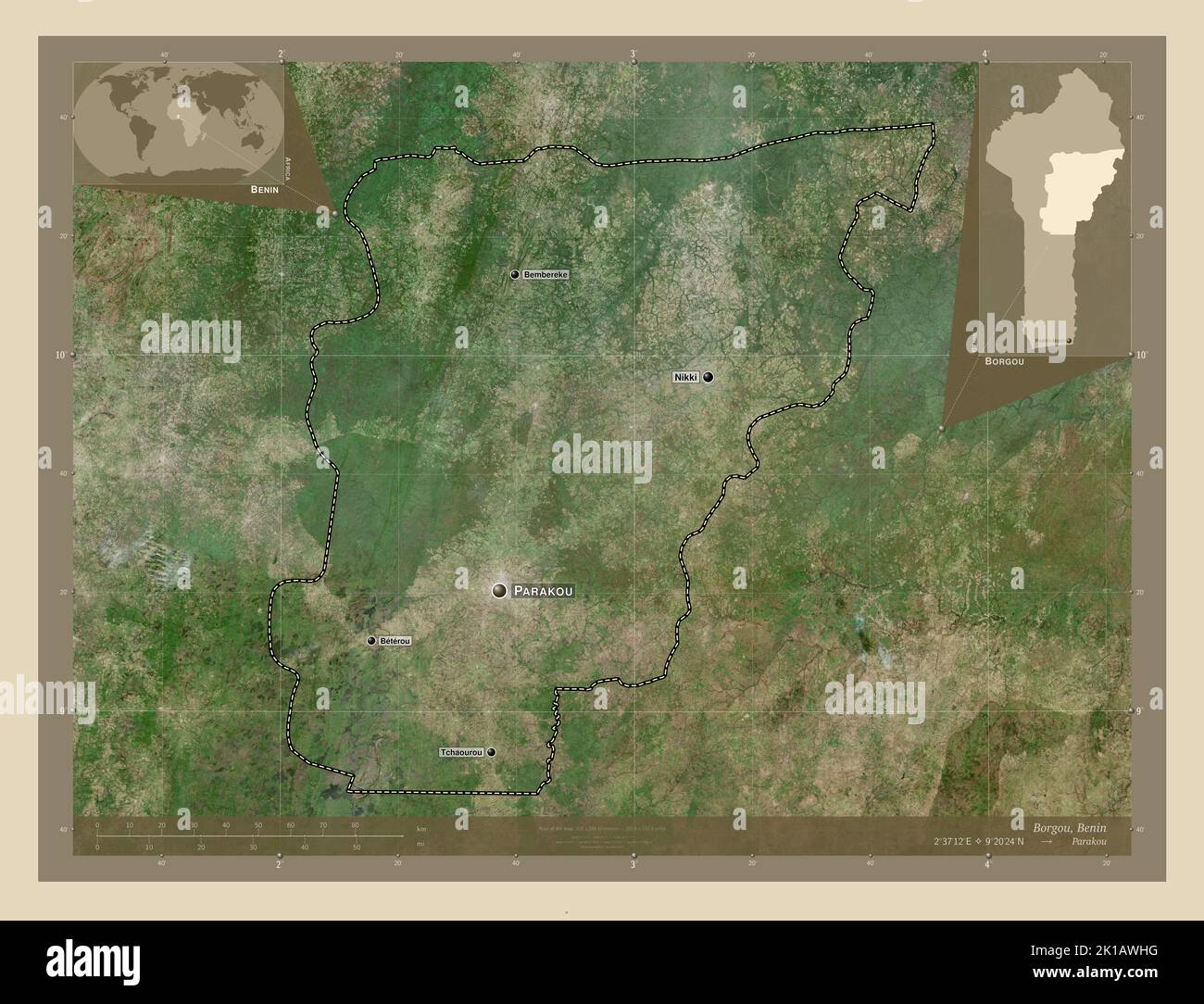 Borgou, department of Benin. High resolution satellite map. Locations ...