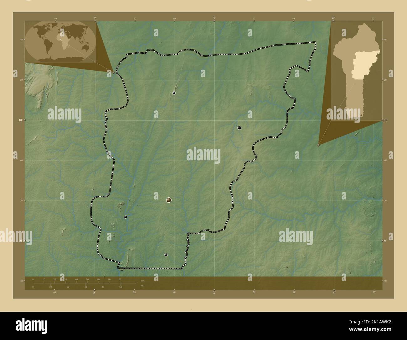 Borgou, department of Benin. Colored elevation map with lakes and ...