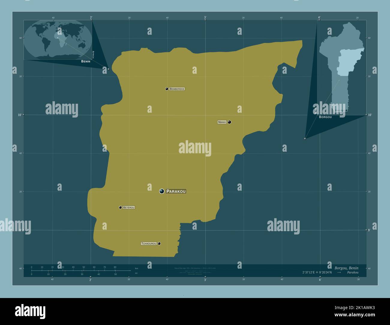 Borgou, department of Benin. Solid color shape. Locations and names of ...