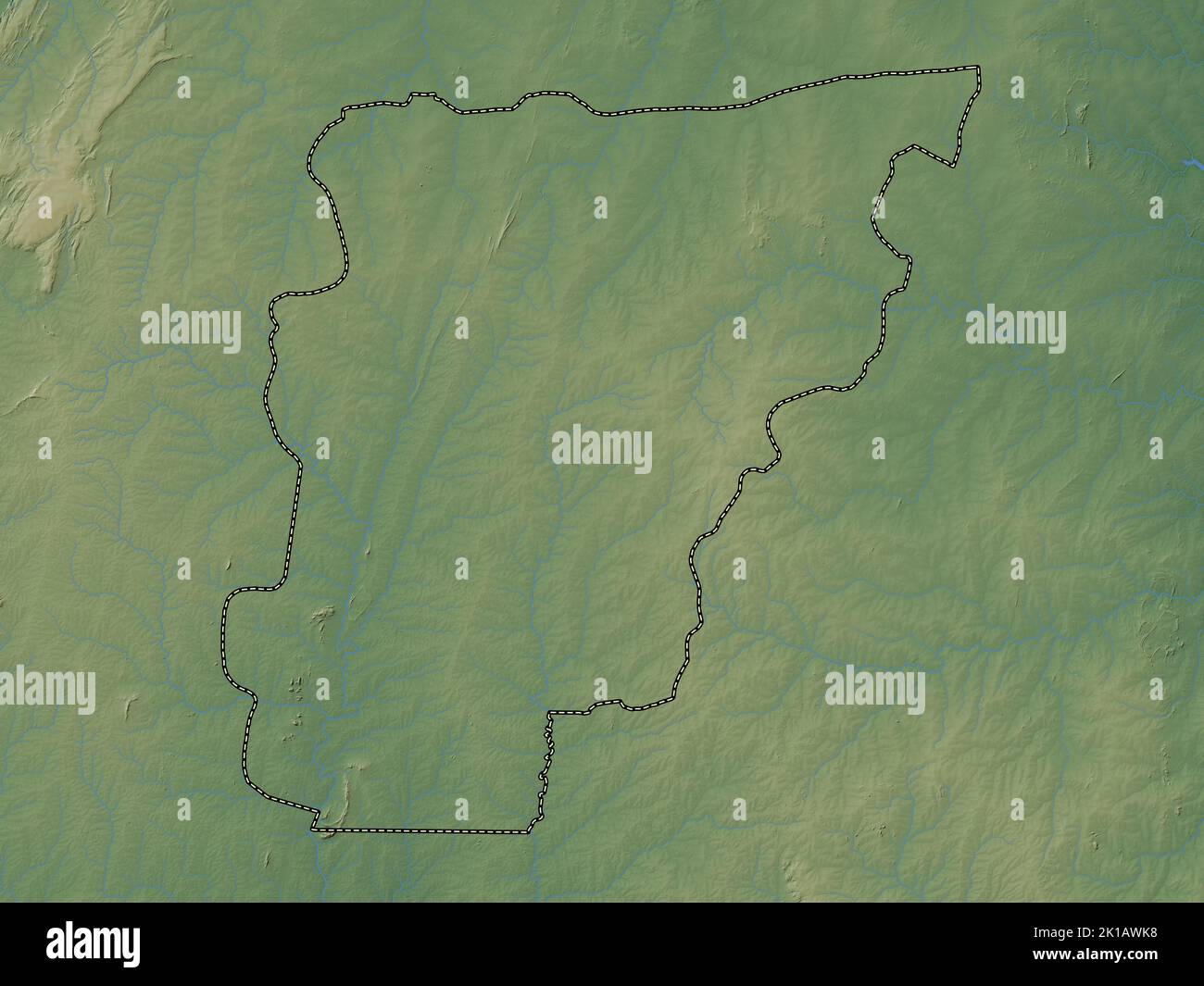 Borgou, department of Benin. Colored elevation map with lakes and ...