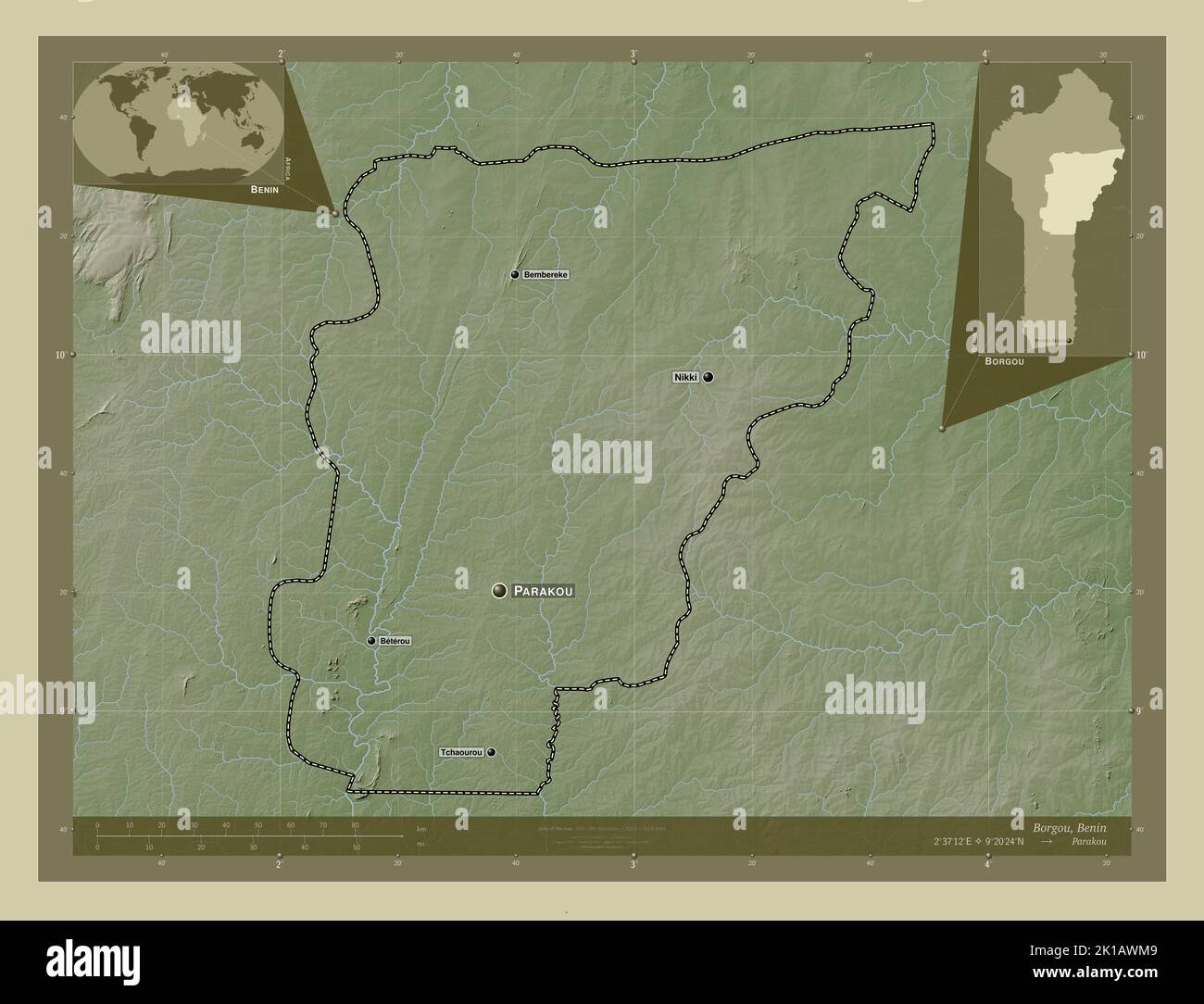 Borgou, department of Benin. Elevation map colored in wiki style with ...