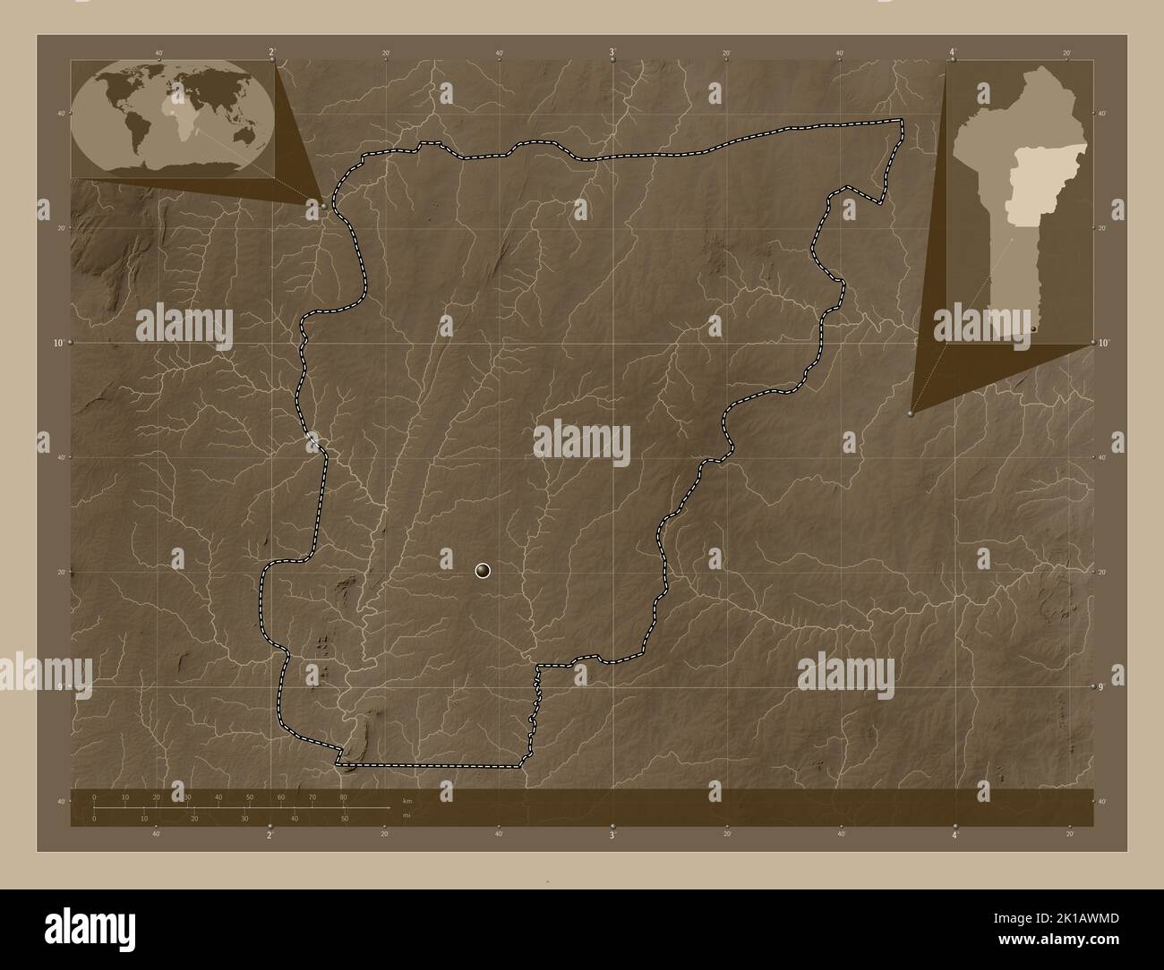 Borgou, department of Benin. Elevation map colored in sepia tones with ...