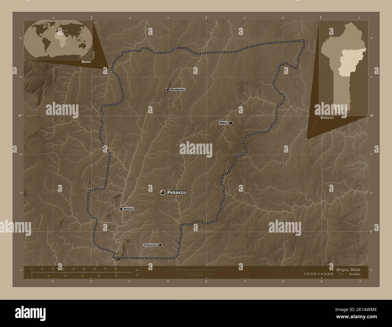 Borgou, department of Benin. Elevation map colored in sepia tones with ...