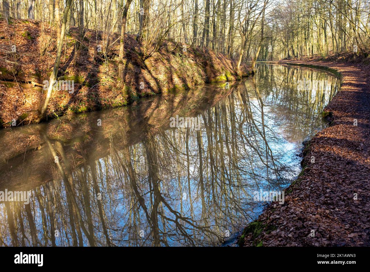 View along an English canal in Worcestershire showing a bend in the ...
