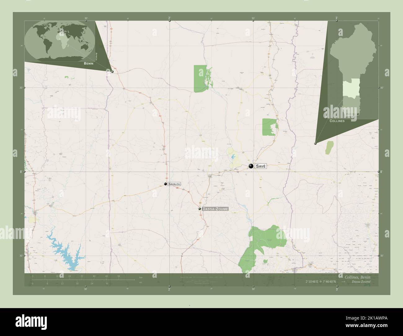 Collines, department of Benin. Open Street Map. Locations and names of ...