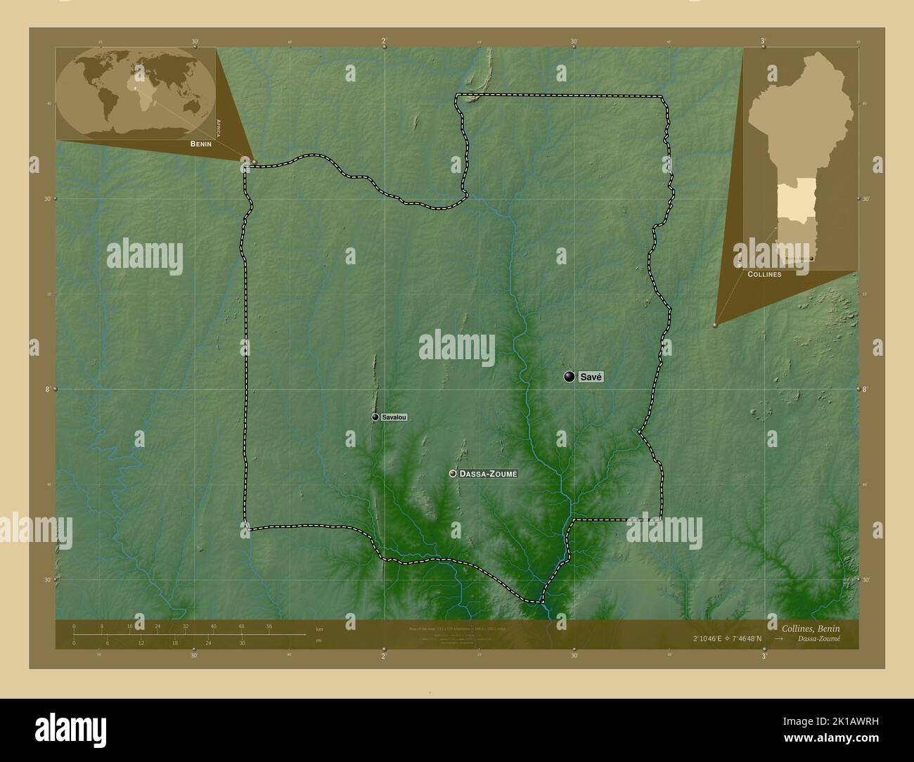 Collines, department of Benin. Colored elevation map with lakes and ...