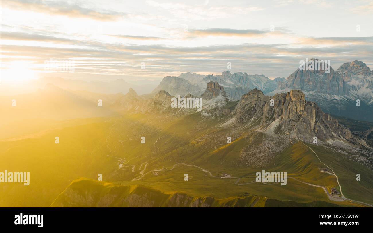 View from above, stunning aerial view of the Giau pass during a ...