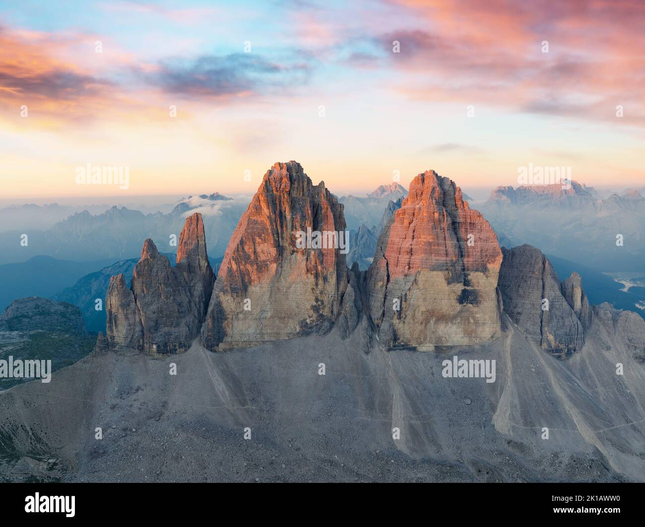 View from above, stunning aerial view of the Three Peaks of Lavaredo ...