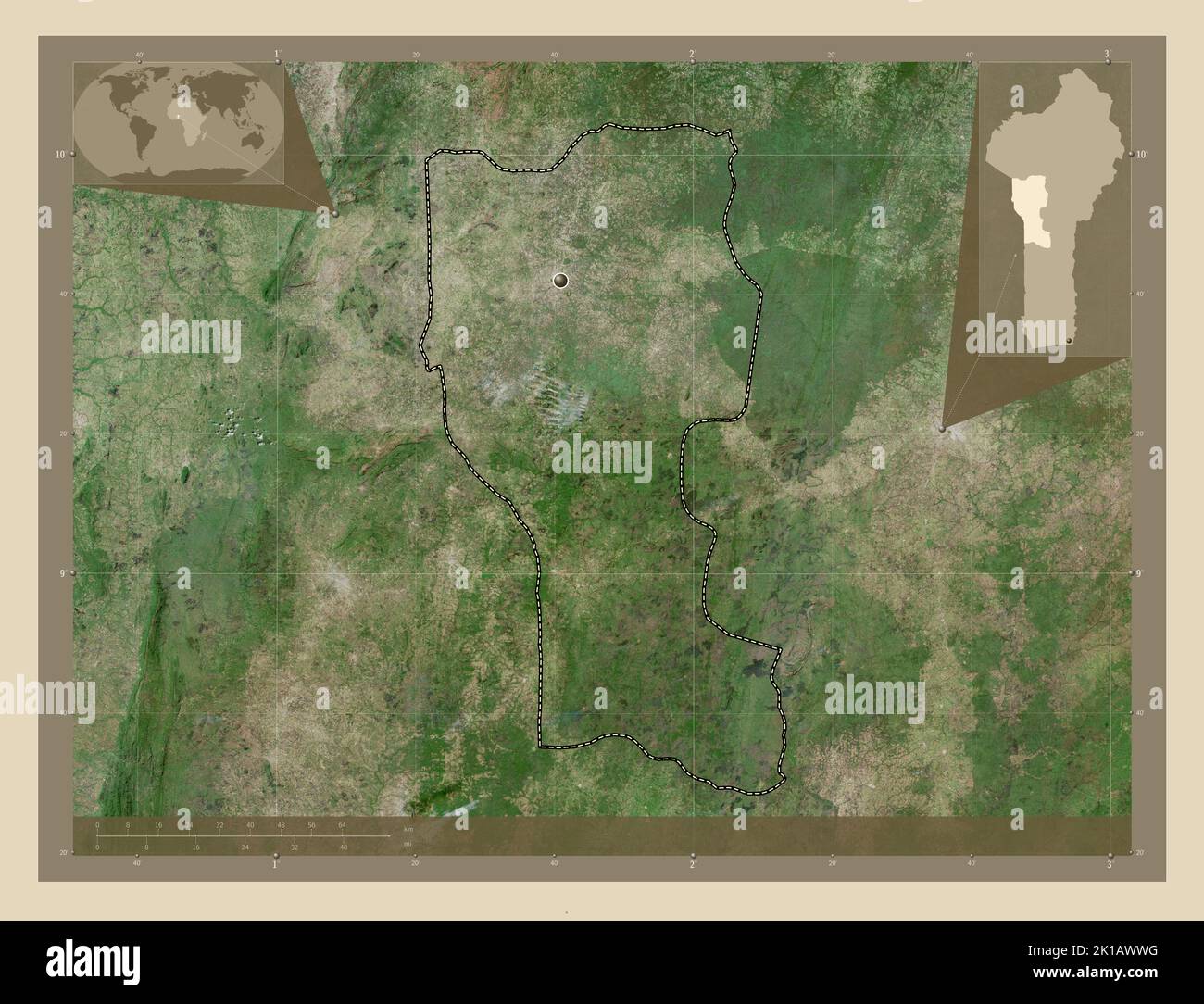 Donga, department of Benin. High resolution satellite map. Corner ...