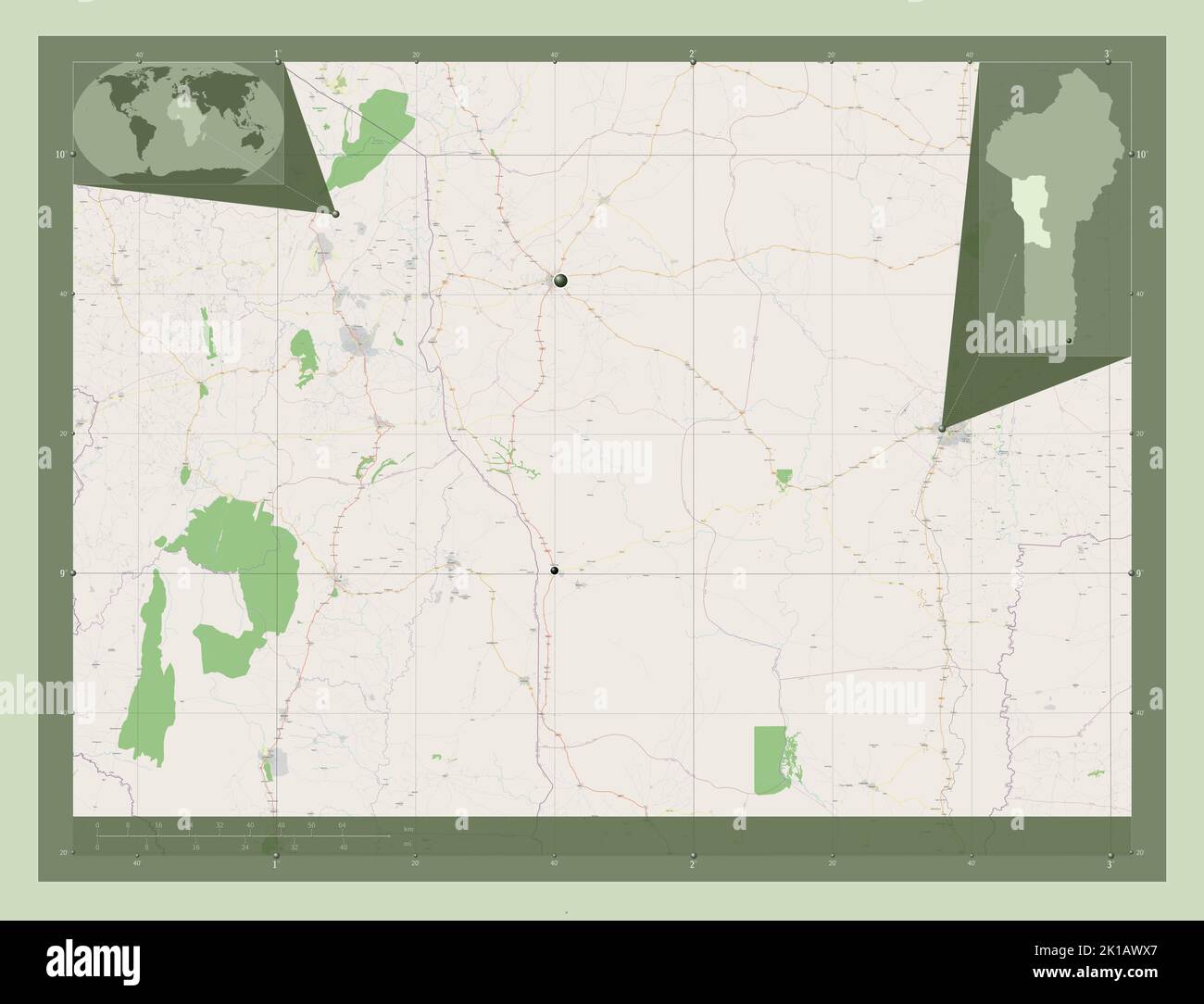 Donga, department of Benin. Open Street Map. Locations of major cities ...