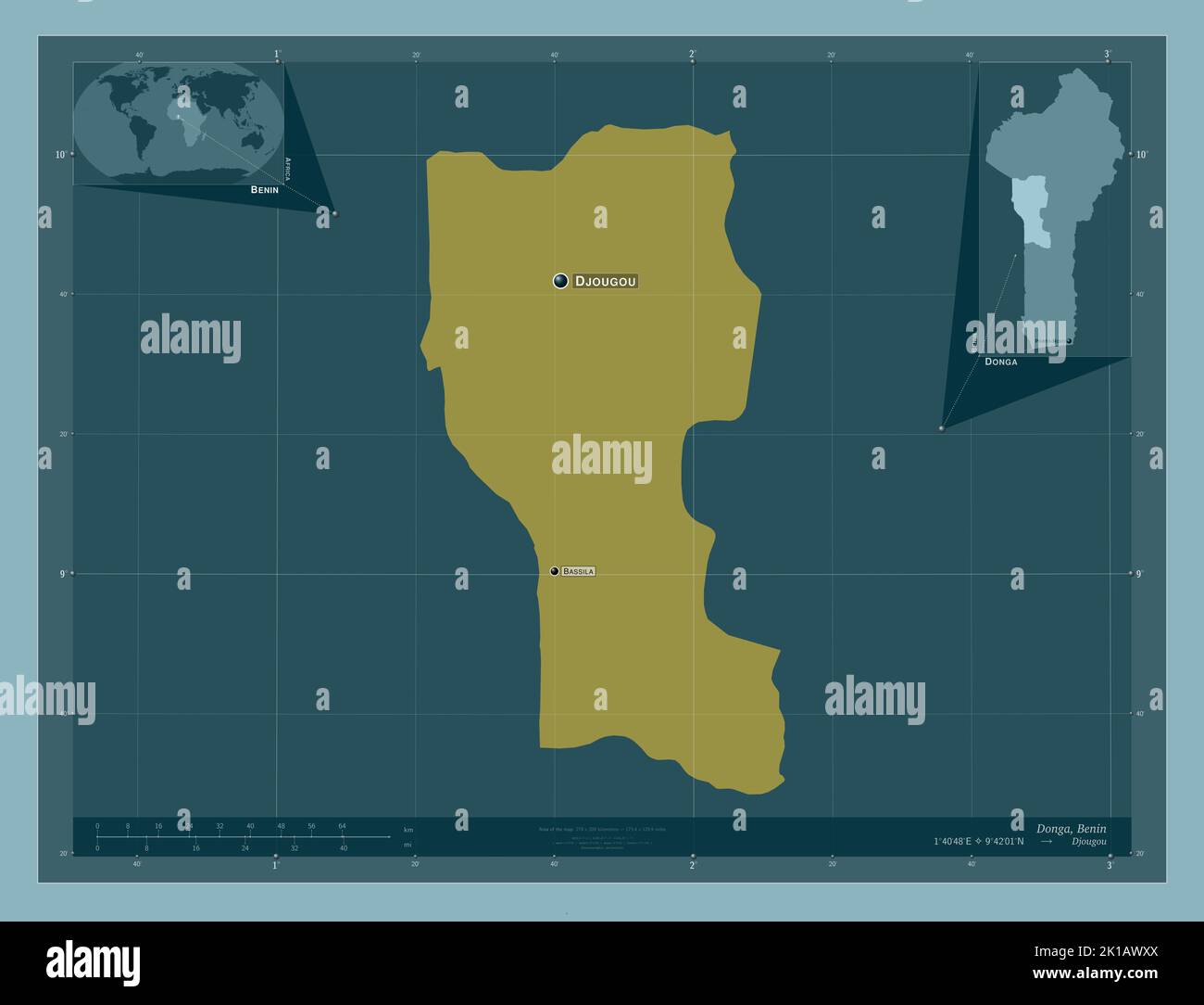 Donga, department of Benin. Solid color shape. Locations and names of ...