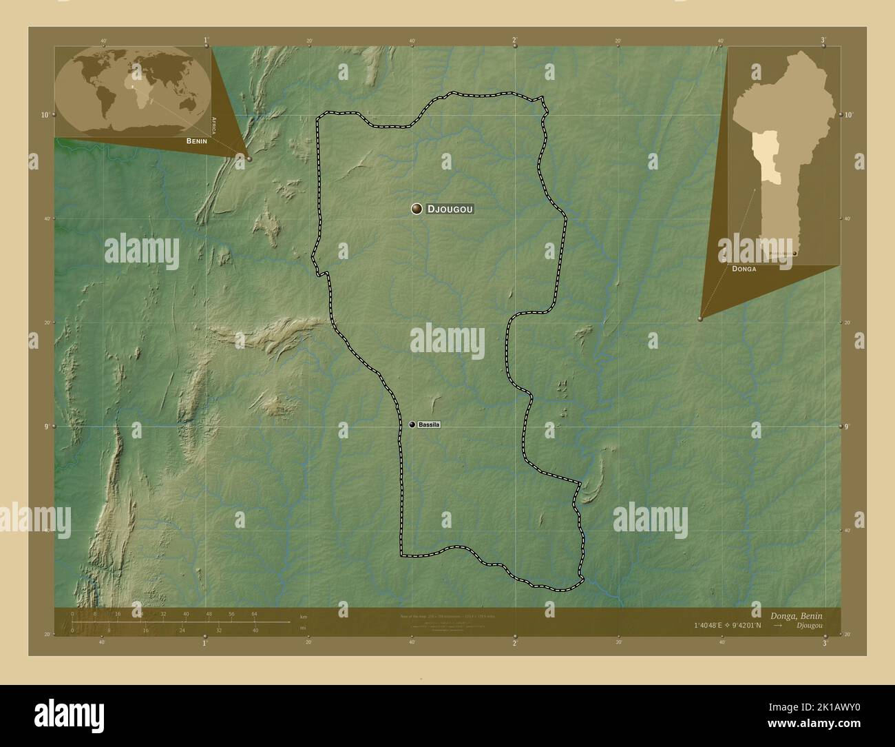 Donga, department of Benin. Colored elevation map with lakes and rivers ...